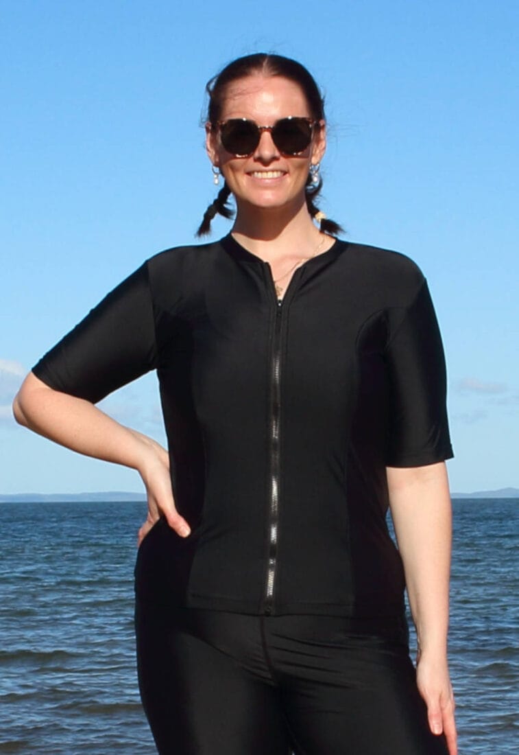 Plus Size Short Sleeve Rash Guard Zip Up For Women|
