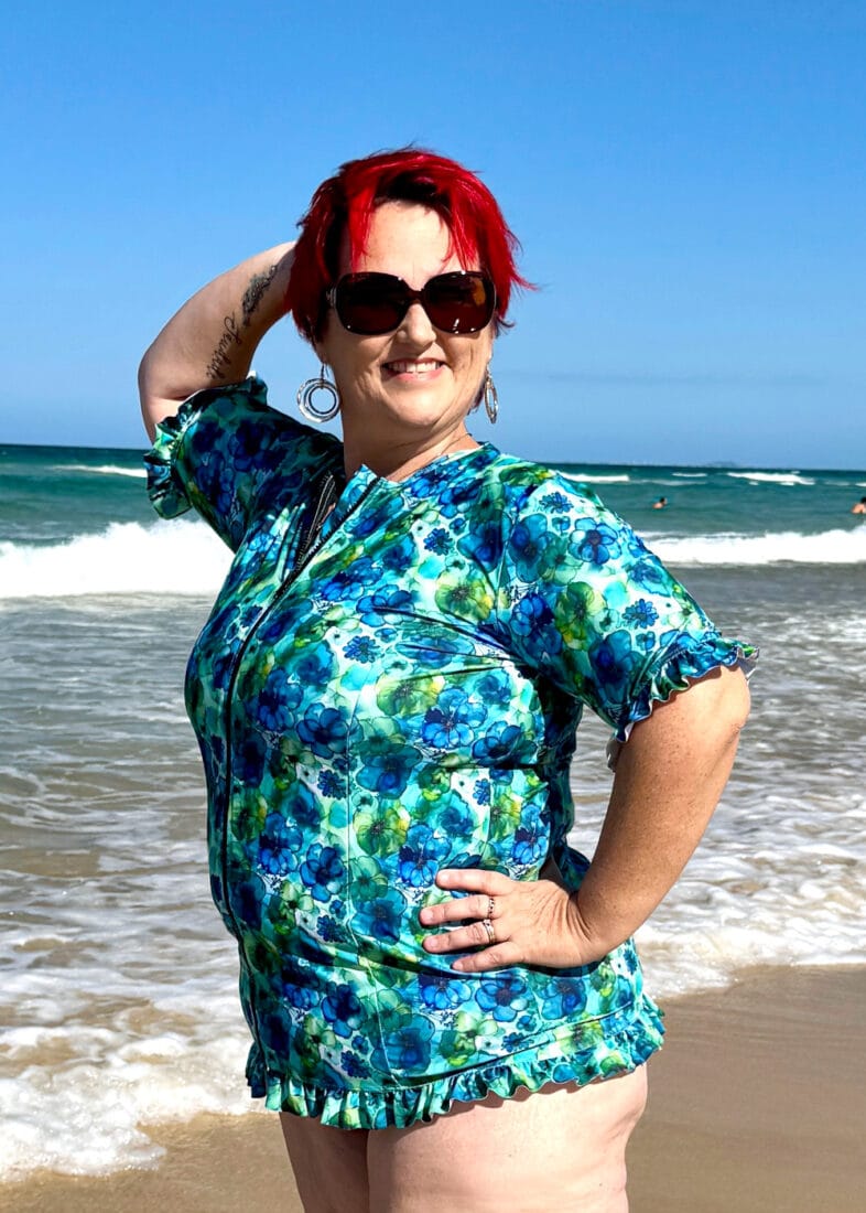 Plus Size Short Sleeve Rashie Ruffled Printed| Ocean Road Swimwear